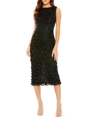 Mac Duggal Floral Appliqué High Neck Midi Dress - Black
