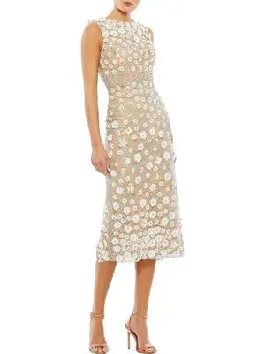 Mac Duggal Floral Applique Midi Dress - Ivory Nude