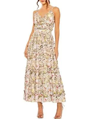 Mac Duggal Floral Print Tiered Ruffle V-neck Midi Dress - Ivory Multi