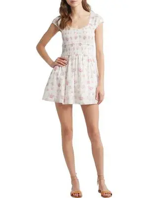 LoveShackFancy Siona Floral Stripe Smock Bodice Cotton Dress - Thulian Pink