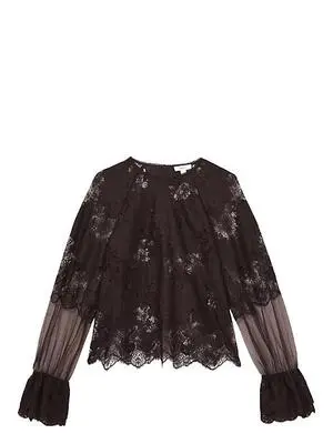 REISS Emilia Flared-cuff Lace Blouse - Chocolate Brown