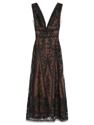 Marchesa Tulle-trimmed Guipure Lace Midi Dress - Black