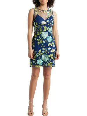 Sam Edelman Embroidered Floral Mesh Minidress - Lime/ Blue