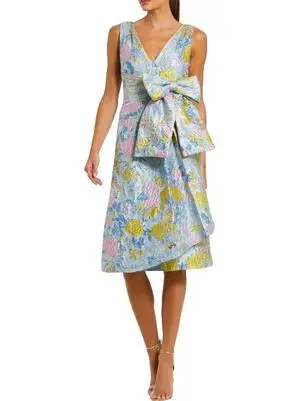 Mac Duggal Floral Brocade Bow Midi Dress - Blue Multi