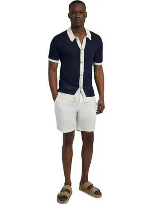 Onia Linen Short Sleeve Button-up Sweater - Deep Navy/white