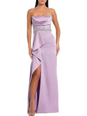 Mac Duggal Strapless Embellished Belt Satin Gown - Lilac