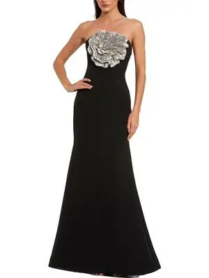 Mac Duggal Strapless Gown With 3d Rhinestone Flower - Black