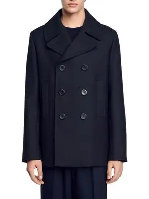 Sandro Double Breasted Pea Coat - Navy Blue