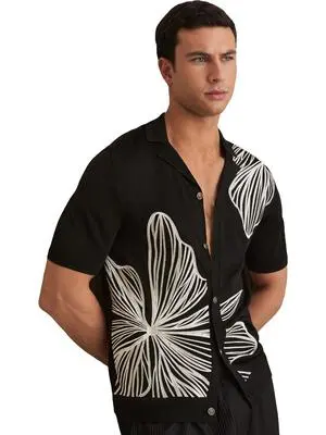 REISS Laurent Flower Embroidered Knit Shirt - Black