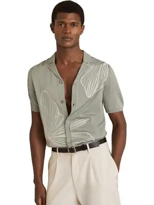 REISS Laurent Flower Embroidered Knit Shirt - Soft Sage