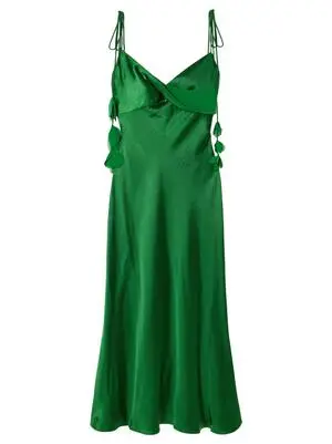 SELF-PORTRAIT Appliquéd Georgette-trimmed Draped Satin Midi Dress - Green
