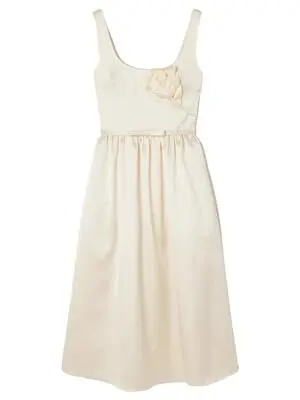SELF-PORTRAIT Appliquéd Belted Satin Midi Dress - Cream