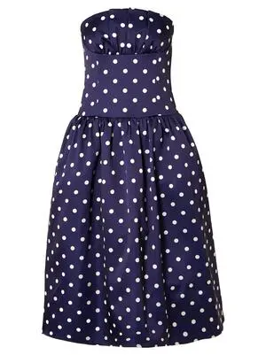 SELF-PORTRAIT Strapless Pleated Polka-dot Satin Midi Dress - Blue