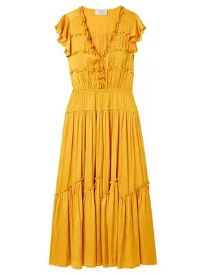 LA LIGNE Pintucked Ruffled Satin Midi Dress - Yellow