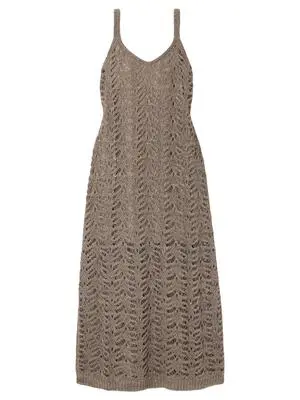 Brunello Cucinelli Sequin-embellished Open-knit Linen-blend Midi Dress - Brown