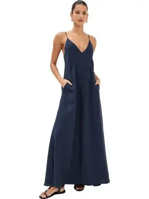 Another Tomorrow Linen Maxi Slip Dress Navy