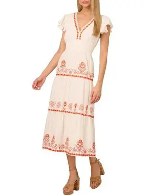 Adrianna Papell Embroidered Smocked Waist Cotton Maxi Dress - Ivory/ Red Multi