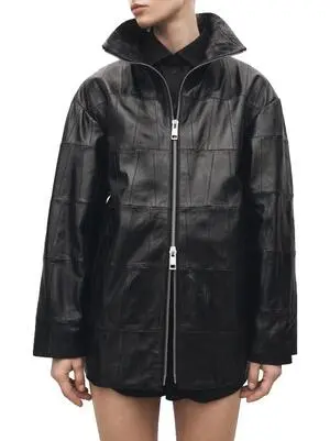 Mango Patchwork Leather Jacket - Black