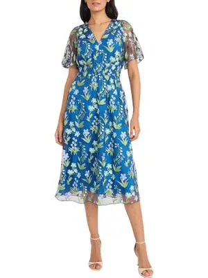 Maggy London Embroidered Flutter Sleeve Dress - Blue/ Green