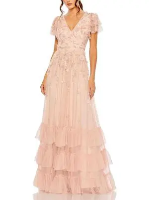 Mac Duggal Ruffle Tiered Embellished Faux Wrap Flutter Sleeve Gown - Blush