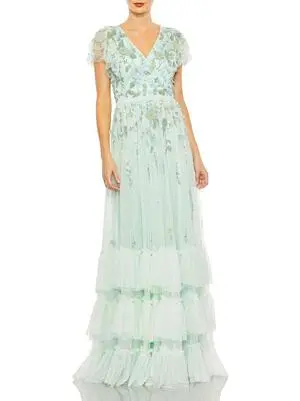Mac Duggal Ruffle Tiered Embellished Faux Wrap Flutter Sleeve Gown - Seafoam