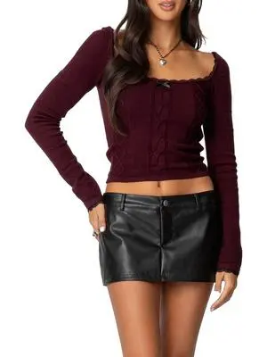 EDIKTED Ansley Cable Knit Crop Top - Burgundy