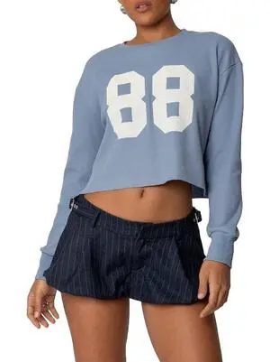 EDIKTED 88 Long Sleeve Crop Knit Top - Blue
