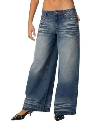 EDIKTED Faux Leather Pocket Wide Leg Jeans - Blue