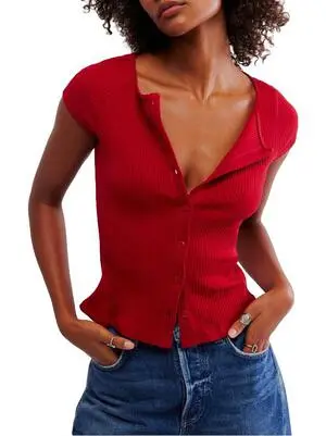 Free People Free People Short Sleeve Cotton-Blend Cardigan Red