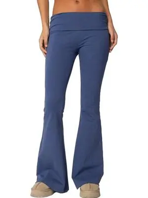EDIKTED Aiyana Foldover Waistband Flare Pants - Blue