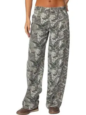 EDIKTED EDIKTED Camo Print Low Rise Wide Leg Jeans Olive