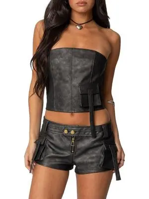 EDIKTED Ryan Faux Leather Cargo Corset Top - Black