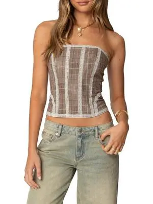 EDIKTED Jaiden Plaid Corset Top - Brown