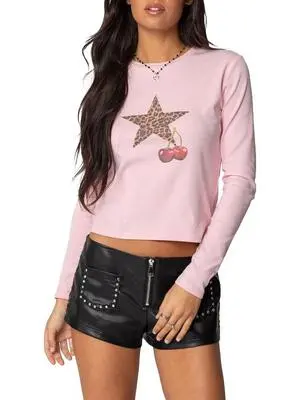 EDIKTED Cherry Leopard Star Long Sleeve Top - Pink