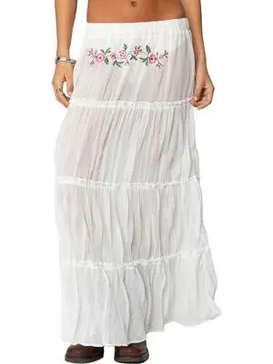 EDIKTED Tai Floral Embroidery Tiered Maxi Skirt - White