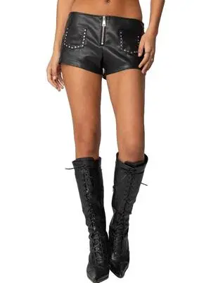 EDIKTED Studded Faux Leather Micro Shorts - Black
