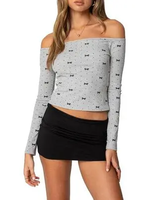 EDIKTED Ryna Bow Off-the-shoulder Top - Gray-melange