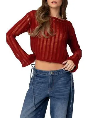 EDIKTED Sagir Sheer Ladder Stitch Crop Top - Burgundy