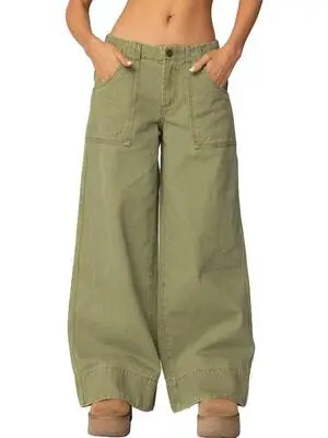 EDIKTED Vivienne Low Rise Baggy Twill Pants - Olive