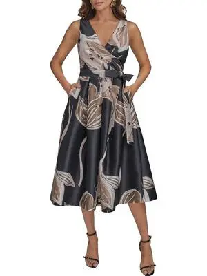 Donna Karan New York Floral Faux Wrap Cocktail Dress - Black/fawn Multi