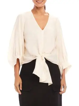 Karen Kane Tie-front Linen Top - Ecru