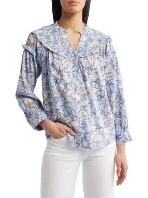 Wit & Wisdom Floral Print Smocked Yoke Top - Rose Bloom/ Blue Crush Multi