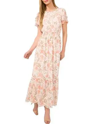 CECE DUPRAZ Floral Print Ruffle Sleeve Maxi Dress - New Ivory