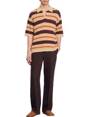 Sandro Striped Knit Polo Shirt - Nut