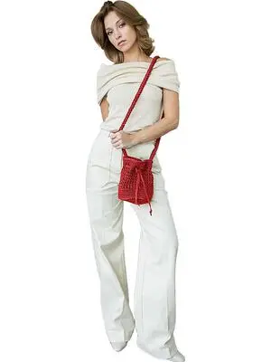 Binge Knitting Mara Woven Drawstring Satchel Ruby