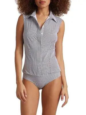 Commando Classic Printed Button Down Bodysuit - Black/white Stripe