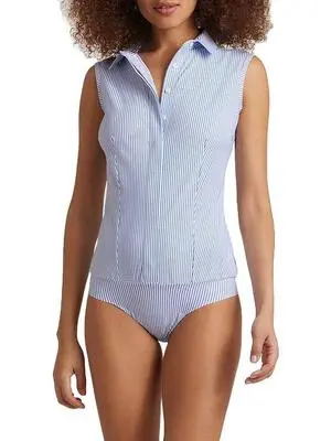 Commando Classic Printed Button Down Bodysuit - Blue/white Stripe