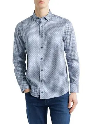 Johnston & Murphy Wavy Diamond Print Cotton Button-up Shirt - Blue/ Brown