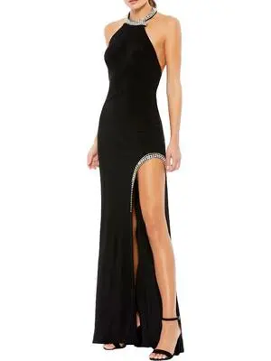 Mac Duggal Halter Neck Gown With Rhinestone Details - Black