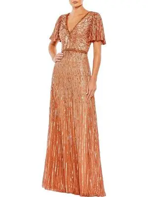 Mac Duggal Embellished Butterfly Sleeve Column Gown - Copper